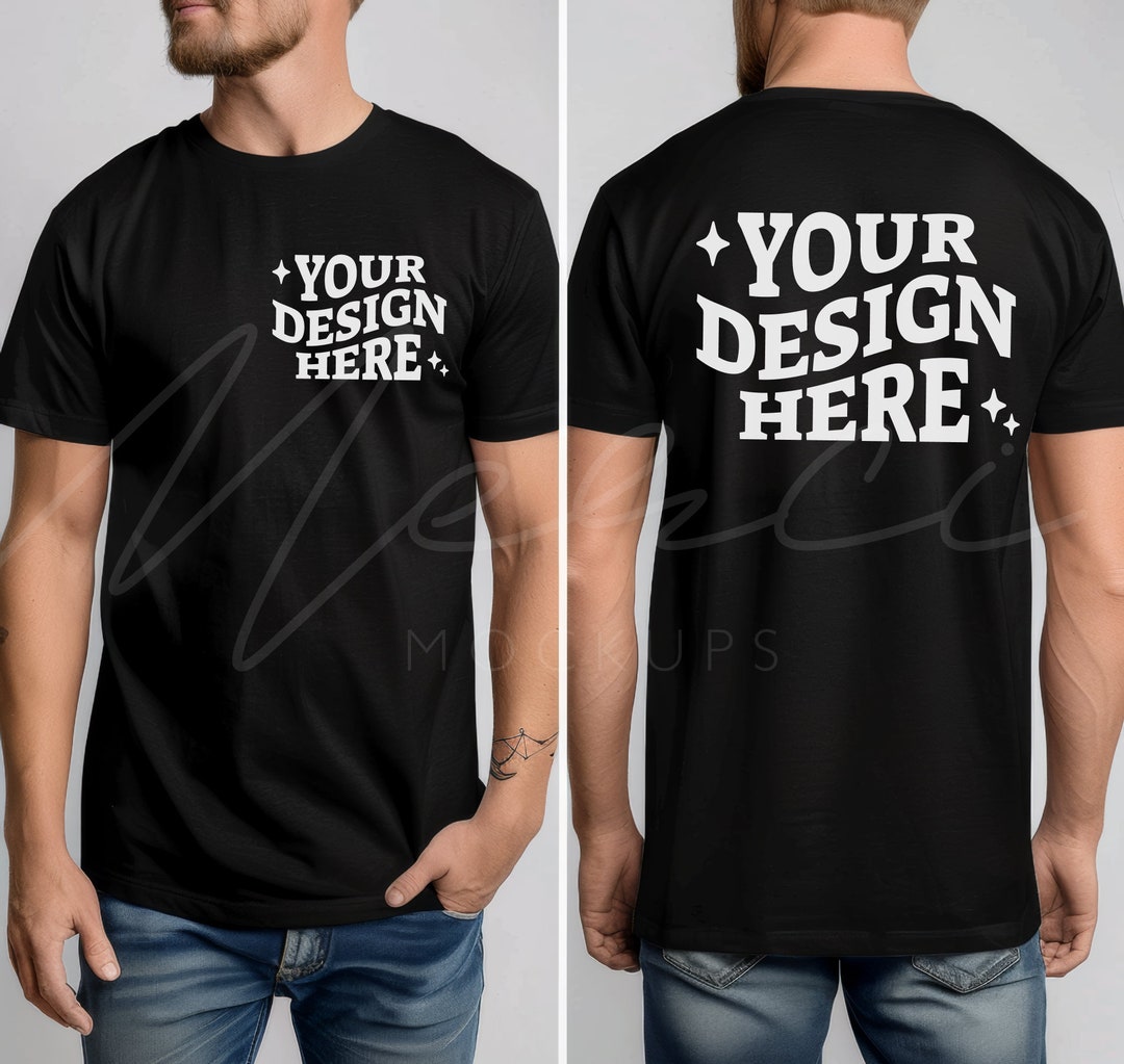 Male Model Front and Back Black Tshirt Mockup, Gildan 5000, Black ...