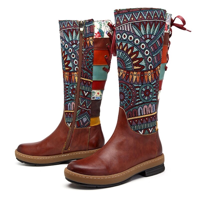 Vintage Mid Calf Boots Genuine Leather Boots Boho Style Boots Mid Calf ...