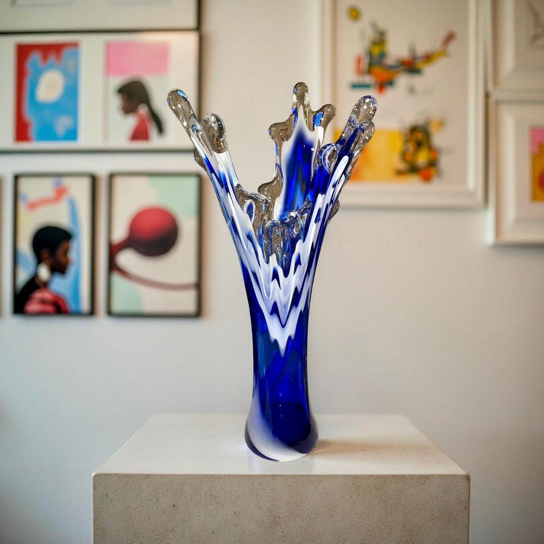 Murano Cobalt Blue & White Splash Glass Vase – 15" - Etsy