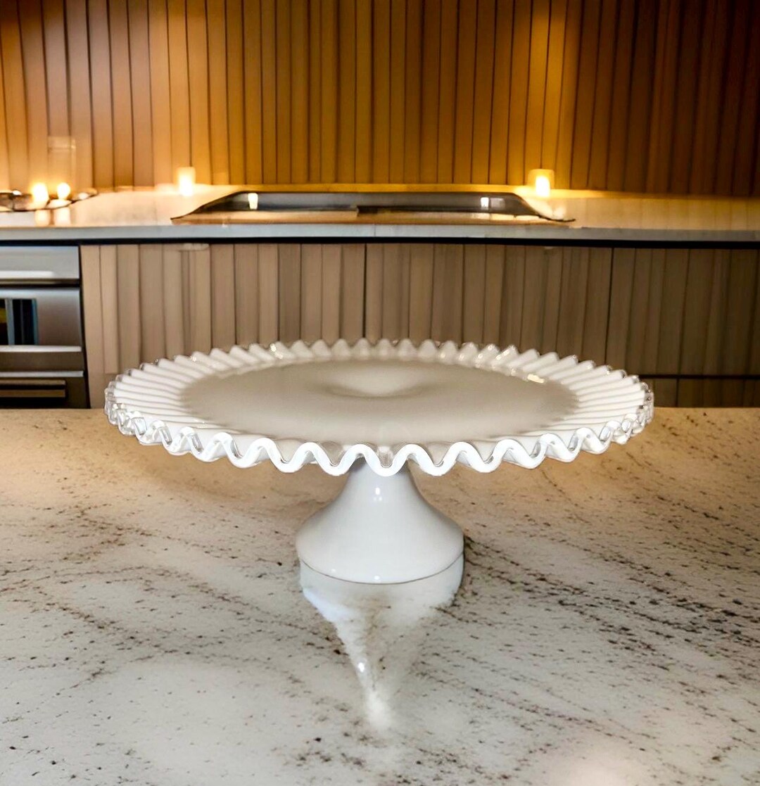 Fenton Silver Crest Milk Glass Cake Stand Plate 1960s Crimped Ruffled ...