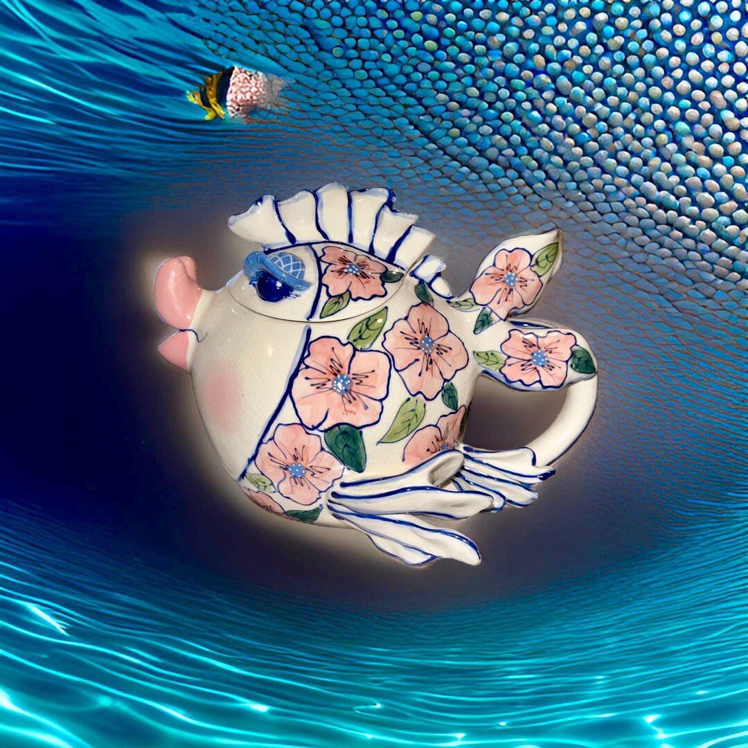 Blue Sky Pink Flower Fish Teapot - Etsy