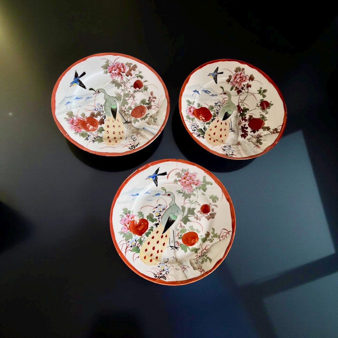 Antique Kutani Pheasant Plates (set of 3) - Meiji Era Japanese ...