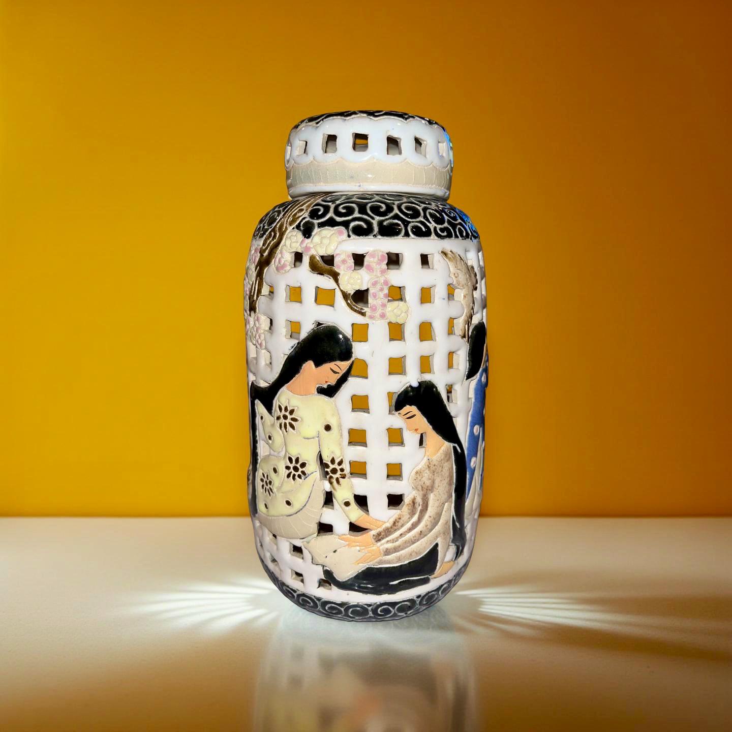 1940s Donna Vietnam Pottery Lantern Urn – Openwork Ceramic Jar With Lid ...