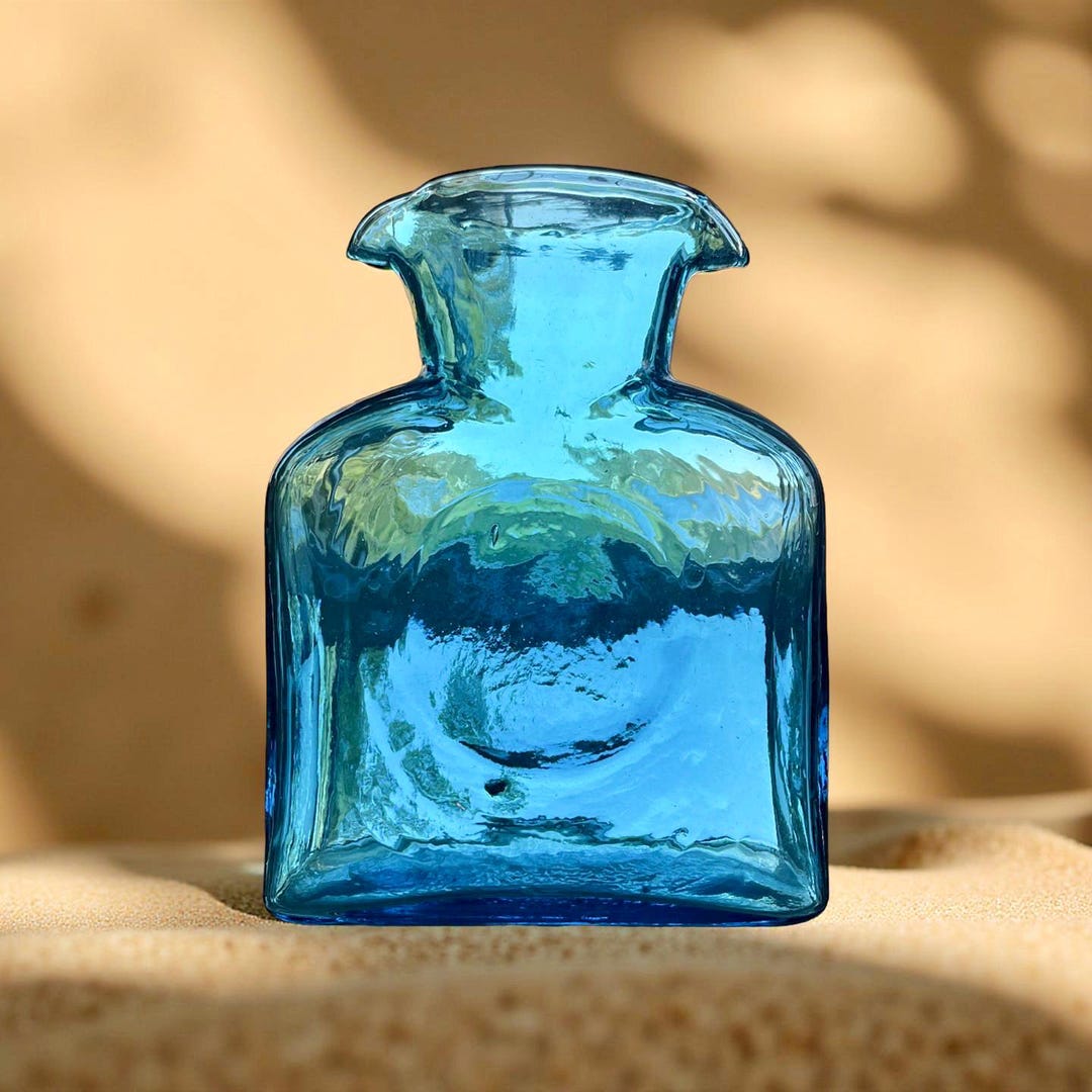 Vintage Blenko Teal 384 Water Bottle – 8" Double Spout, Textured Hand ...