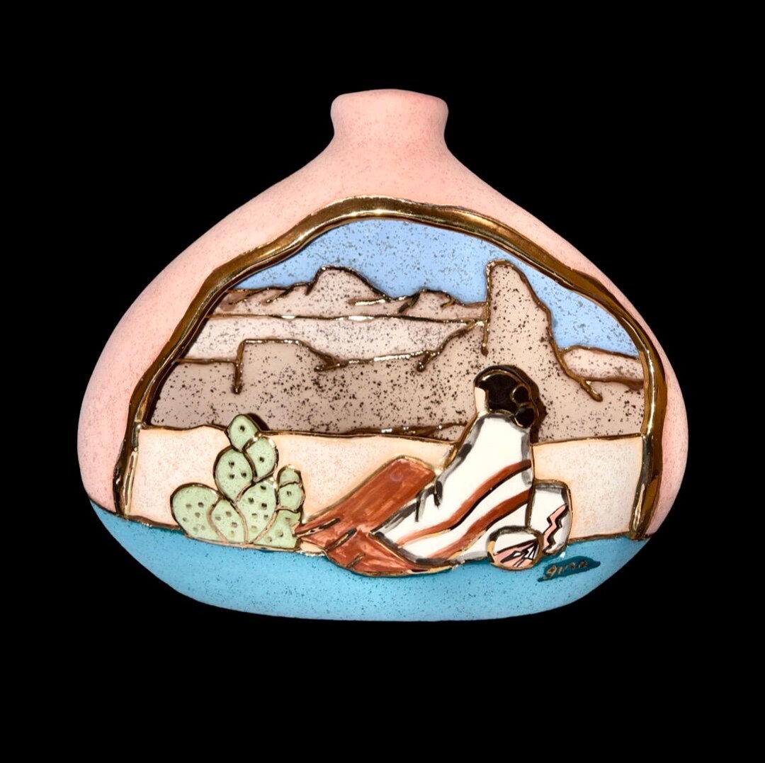 Gina Arrighetti Signed Southwest Pottery Cactus Vase - 9" Dessert ...