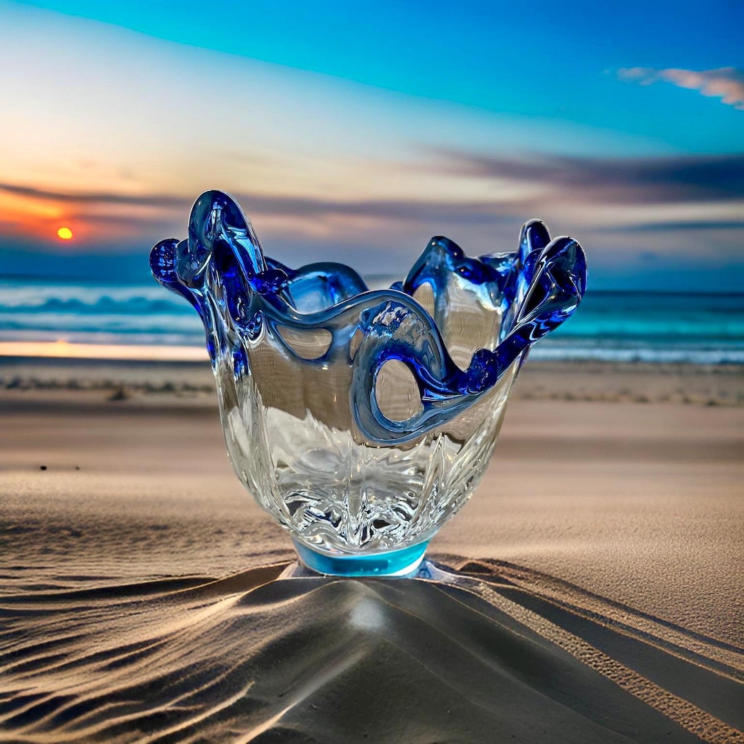 Stunning Murano Art Glass Splash Bowl Hand Blown Colbalt Blue to Clear ...