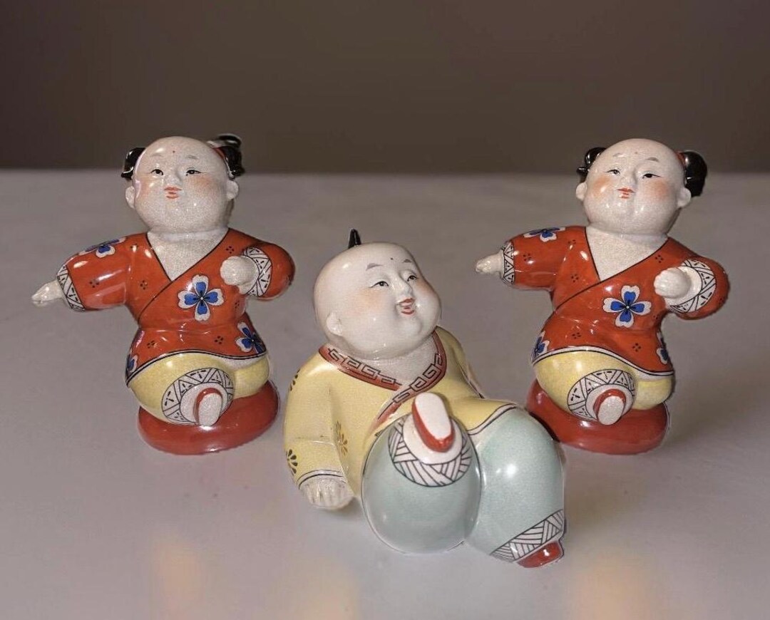 Set of Three Hand-painted Porcelain Chinese Asian Figurines in Vibrant ...