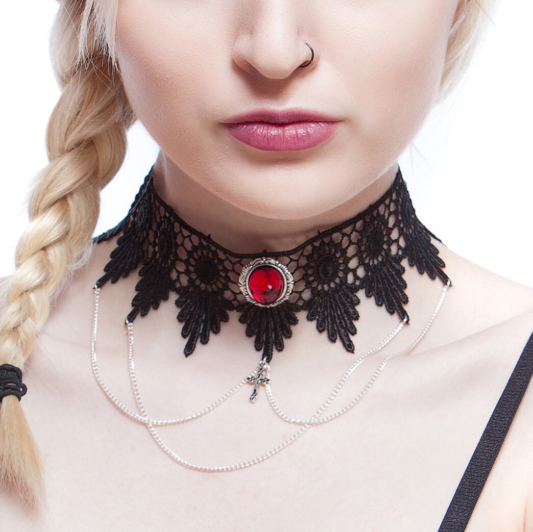 Victorian Steampunk Gothic Choker Necklace Ruby Red Lace - Etsy UK