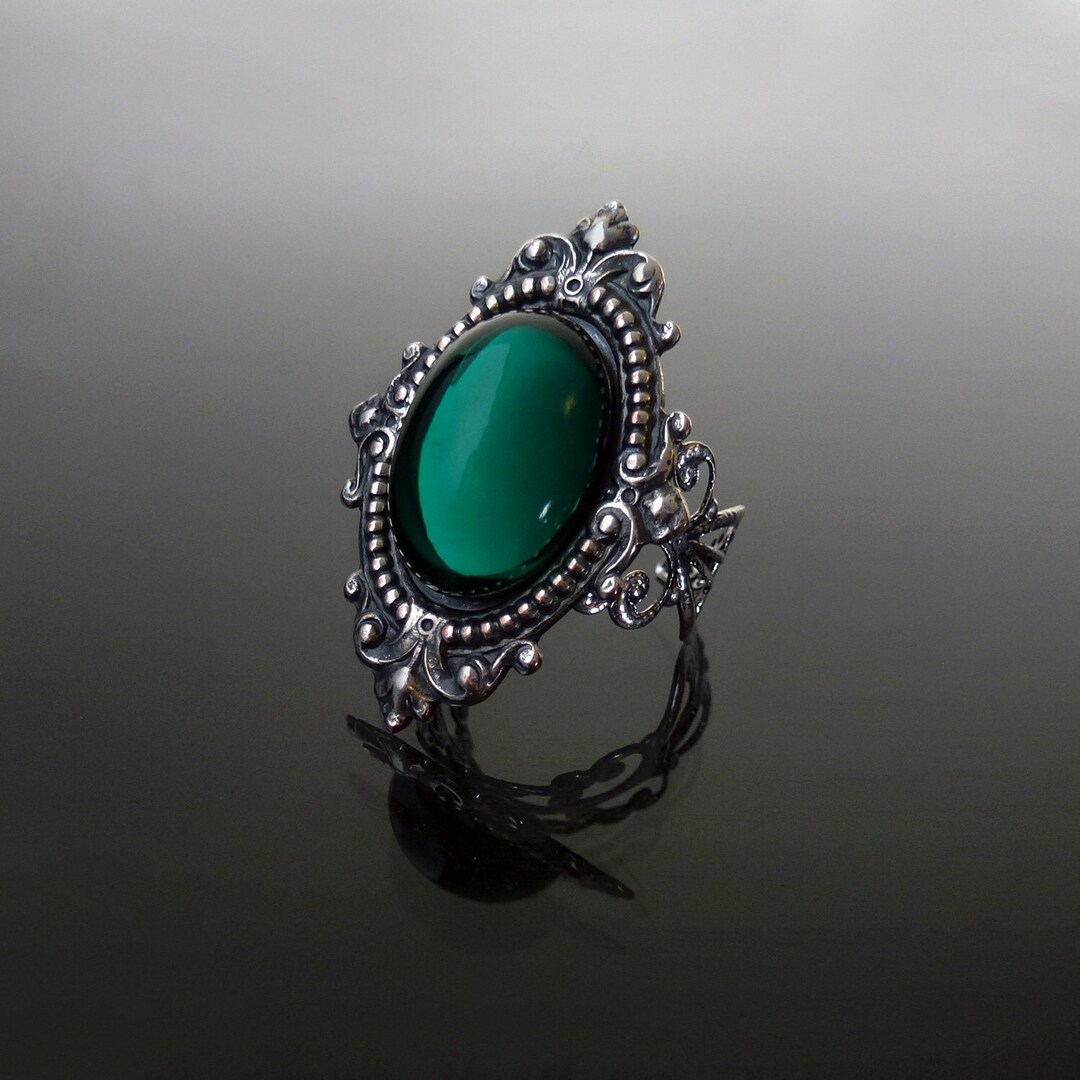 Victorian Gothic Ring - Emerald Green Ornate Filigree Silver Steampunk ...