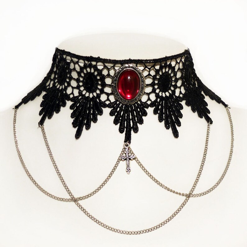 Victorian Steampunk Gothic Choker Necklace - Ruby Red Lace Choker ...