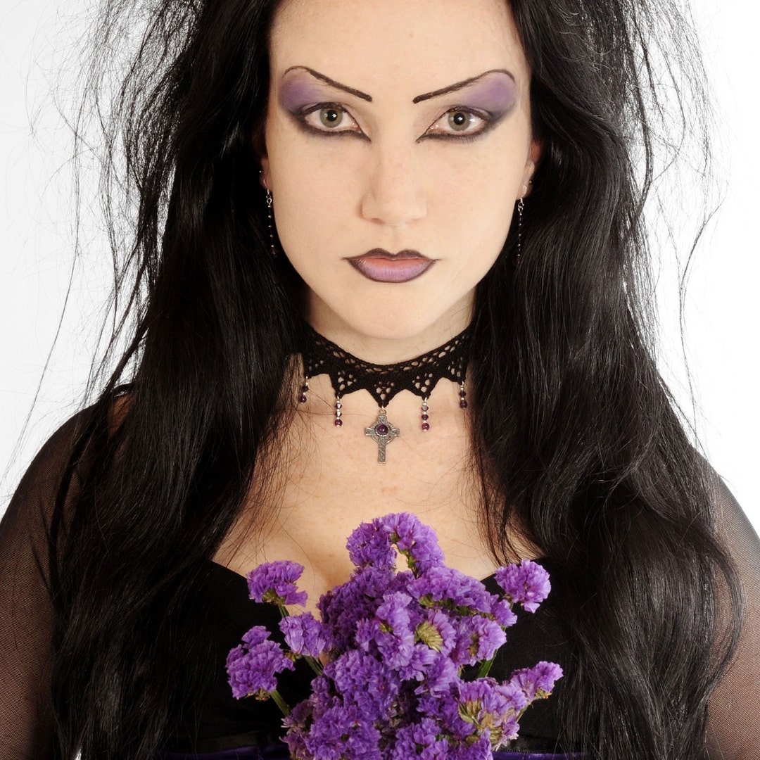 Victorian Gothic Lace Choker - Amethyst Purple Gemstone Celtic Cross ...