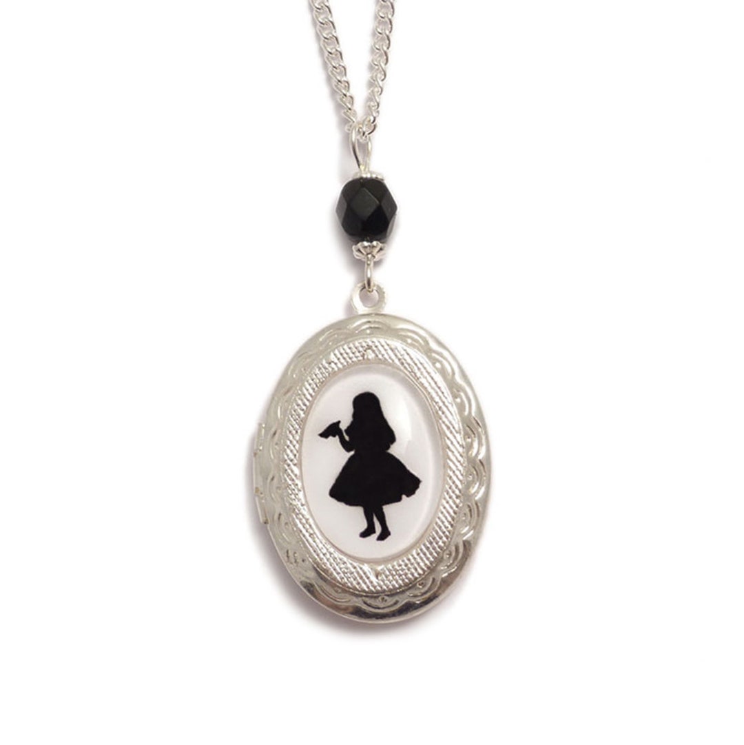 Victorian Locket Cameo Silhouette Silver Necklace - Alice in Wonderland ...