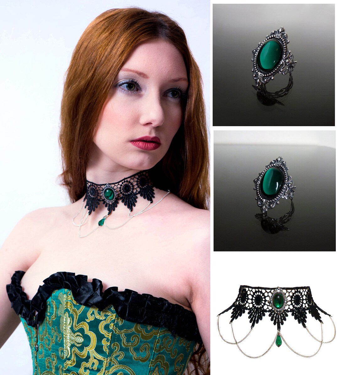 Emerald Green Victorian Gothic Ring & Choker Necklace Set -silver ...