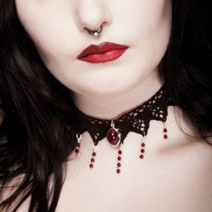 Victorian Gothic Lace Choker Necklace - Ruby Red Pendant & Swarovski ...