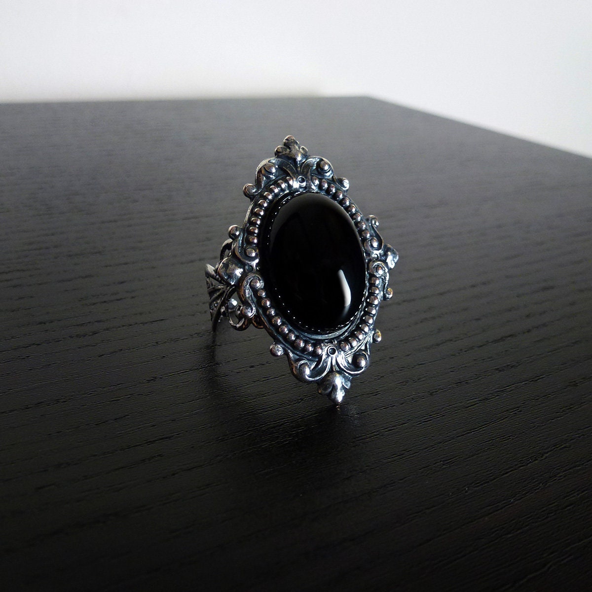 Victorian Gothic Ring - Black Onyx Gemstone Ornate Silver Filigree ...