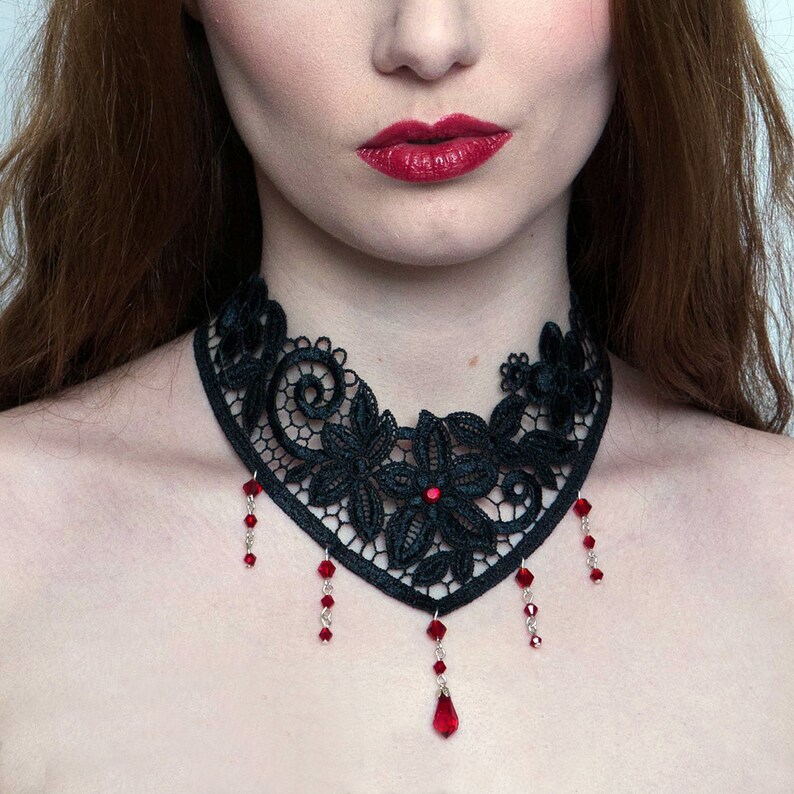 Victorian Gothic Choker Necklace - Ruby Red Swarovski Crystal Lace ...