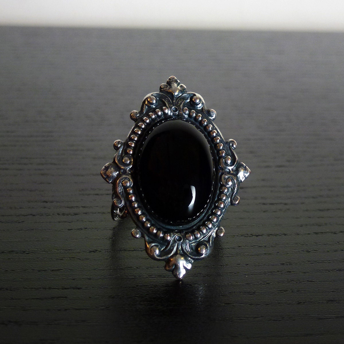 Victorian Gothic Ring - Black Onyx Gemstone Ornate Silver Filigree ...