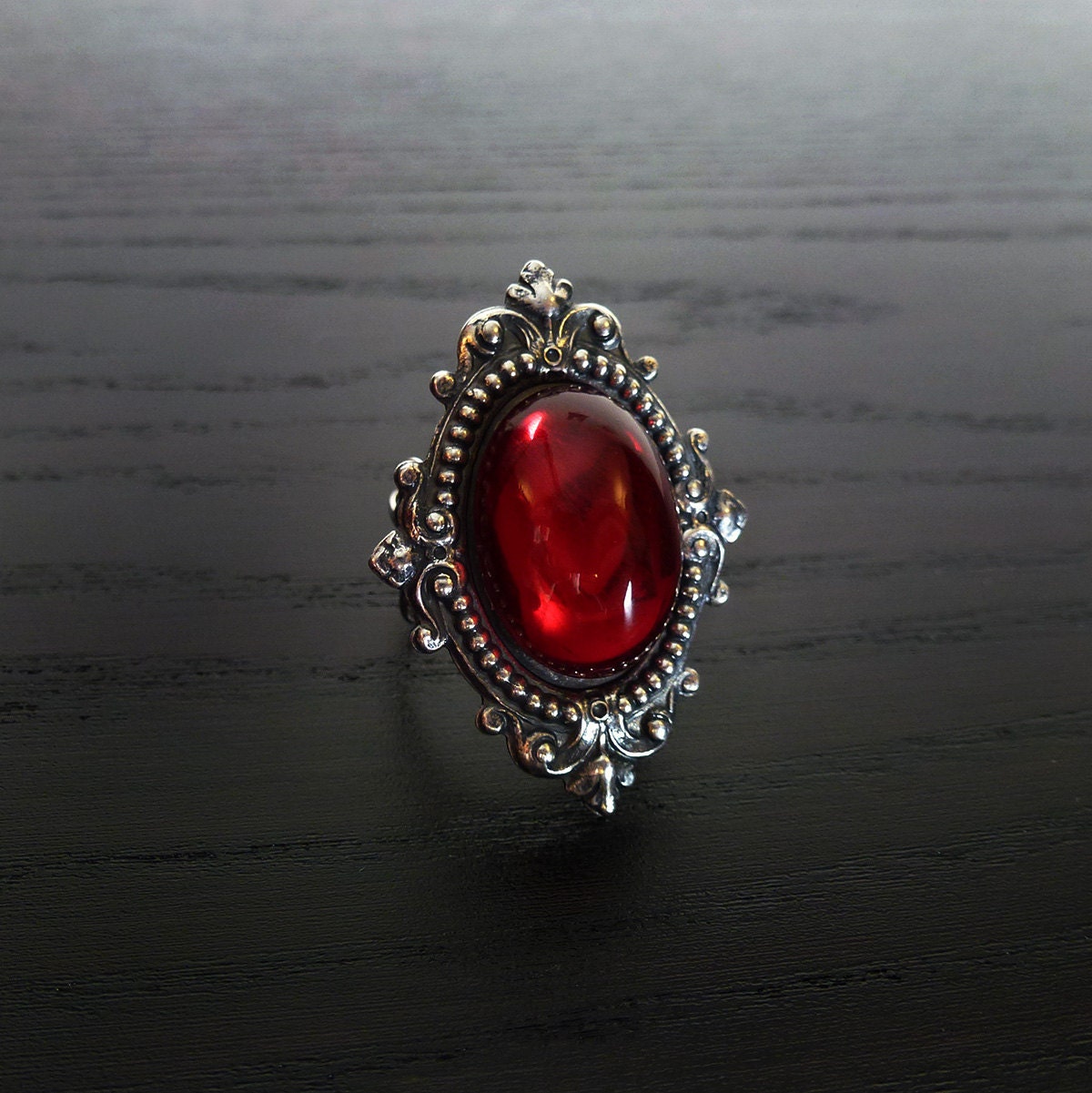 Ruby Red Victorian Ring - Ornate Silver Filigree Steampunk Adjustable ...