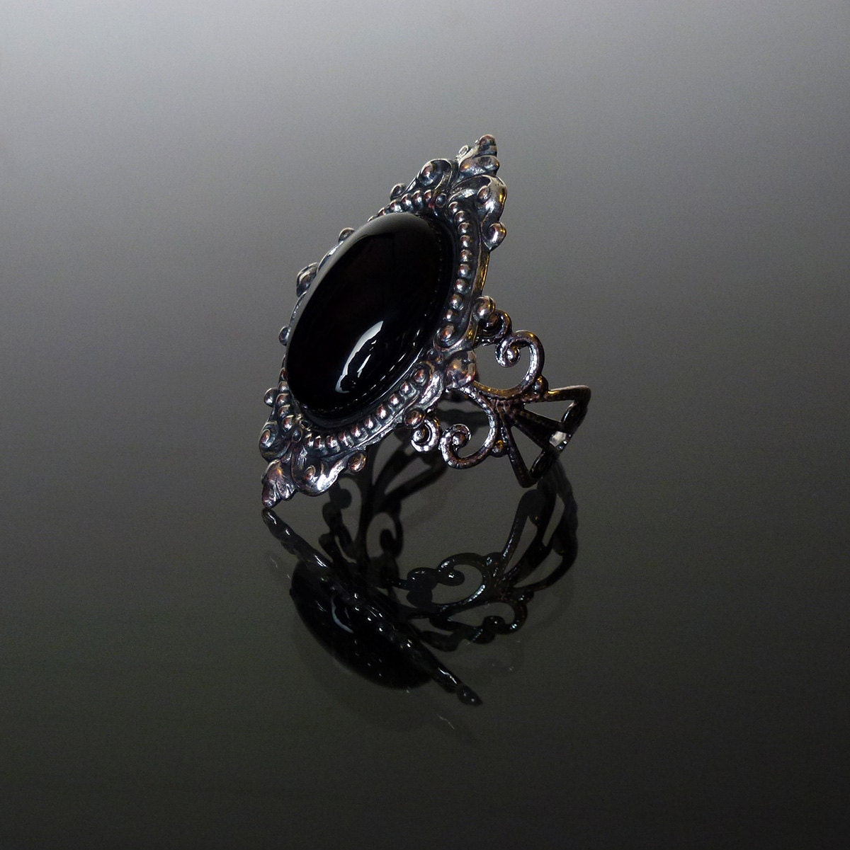 Victorian gothic ring Black Onyx gemstone ornate filigree | Etsy