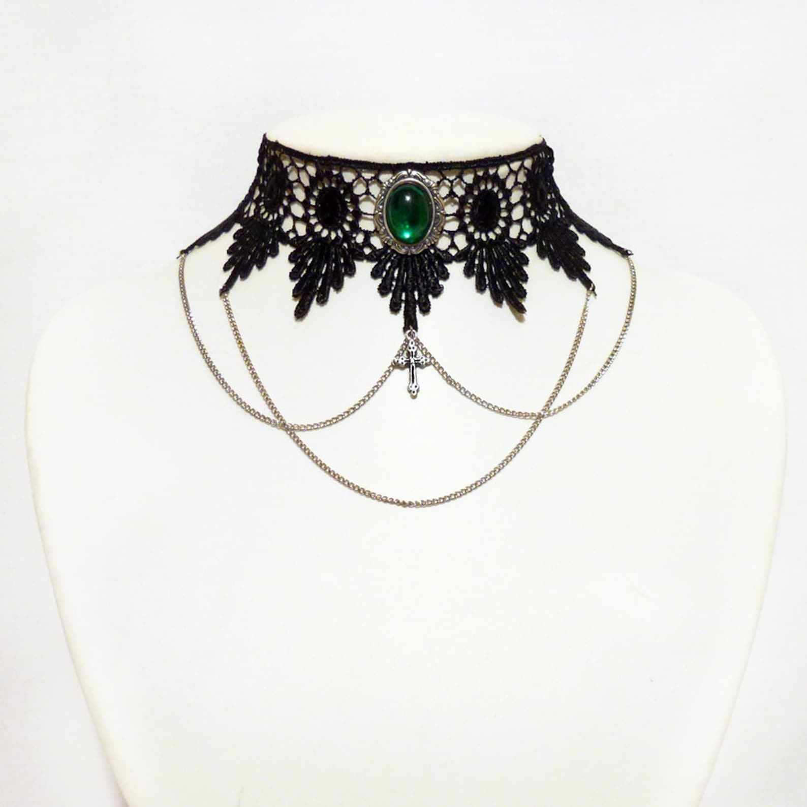 Victorian Gothic Choker Necklace - Emerald Green Lace Choker, Chains ...