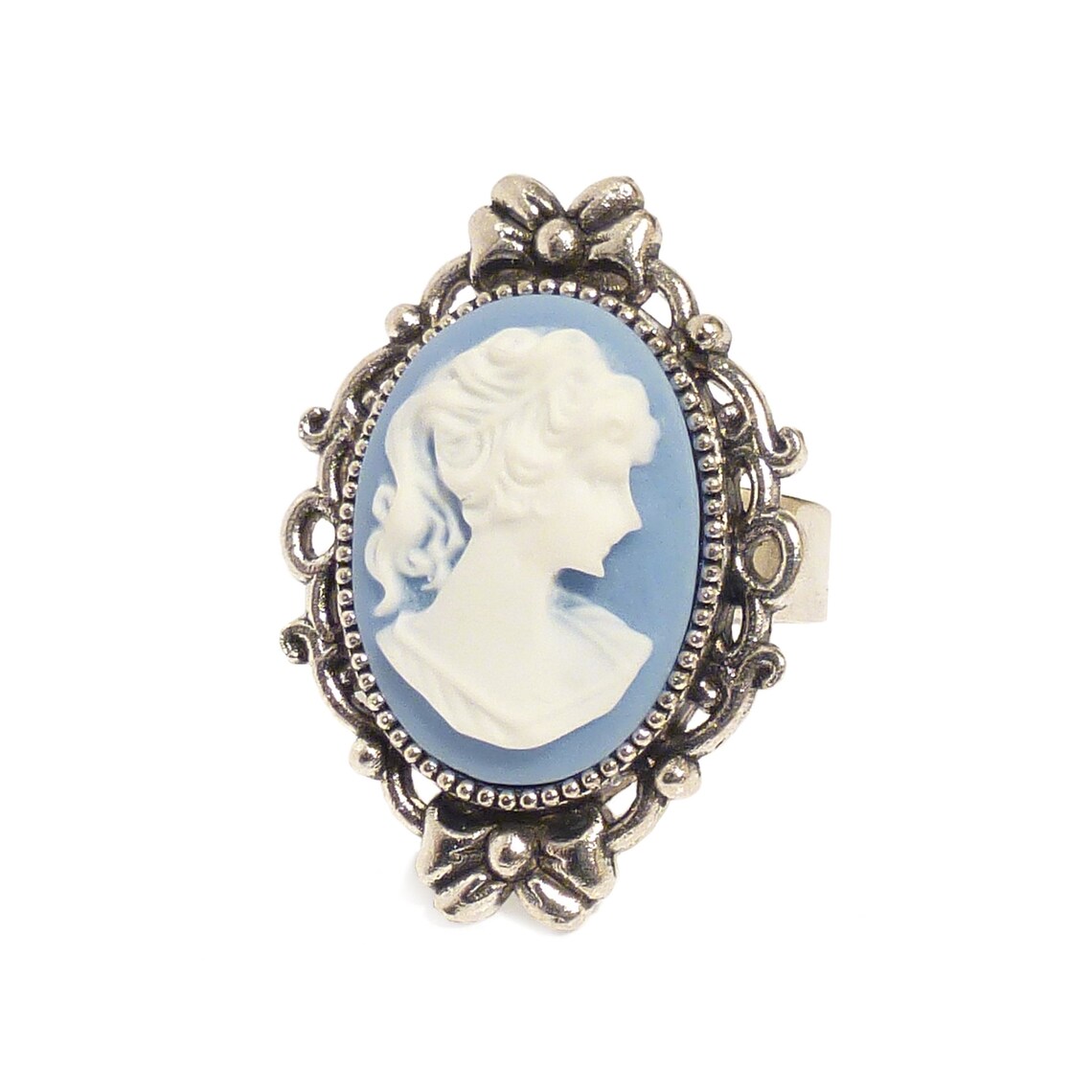 Victorian Blue Cameo Ring - Portrait of a Lady - Adjustable Silver ...
