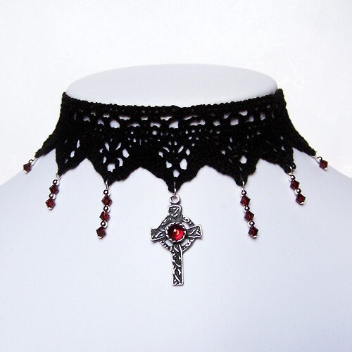 Gothic Lace Choker Necklace With Ruby Red Celtic Cross & | Etsy