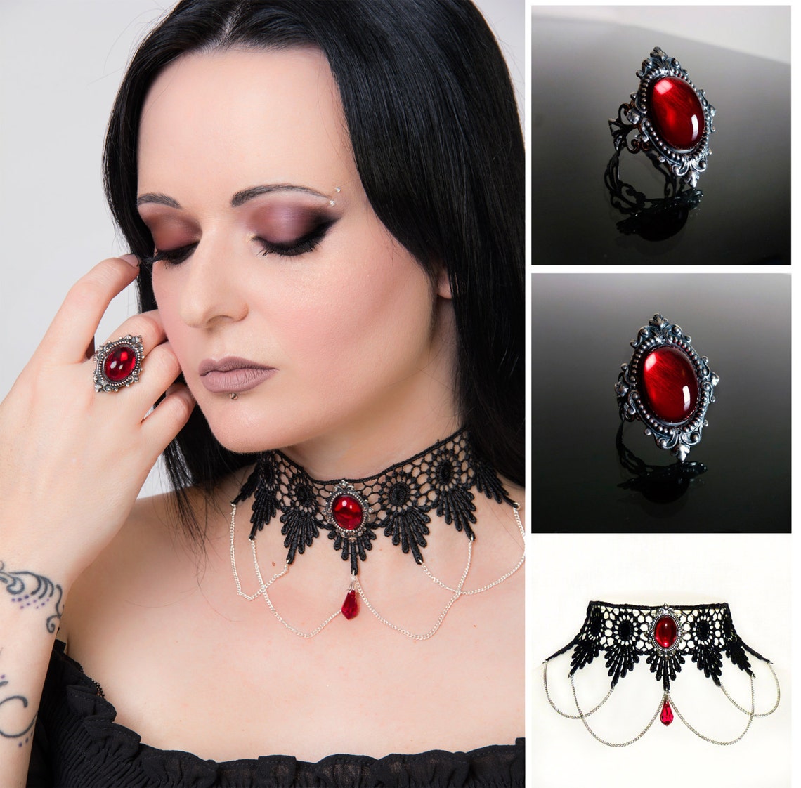 Victorian Gothic Ring & Choker Necklace Set - Ruby Red Silver Filigree ...