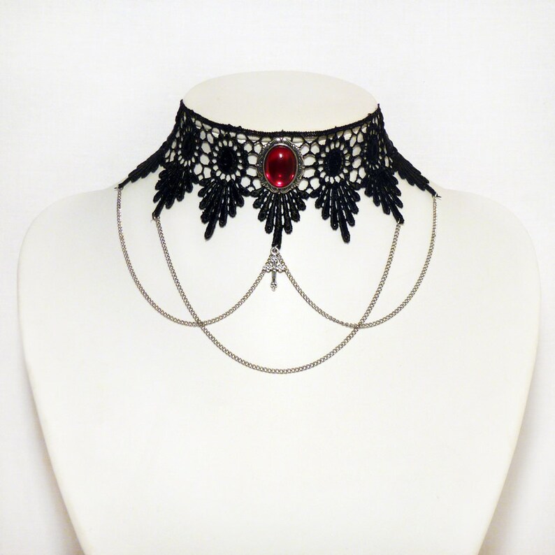 Victorian Steampunk Gothic Choker Necklace - Ruby Red Lace Choker ...