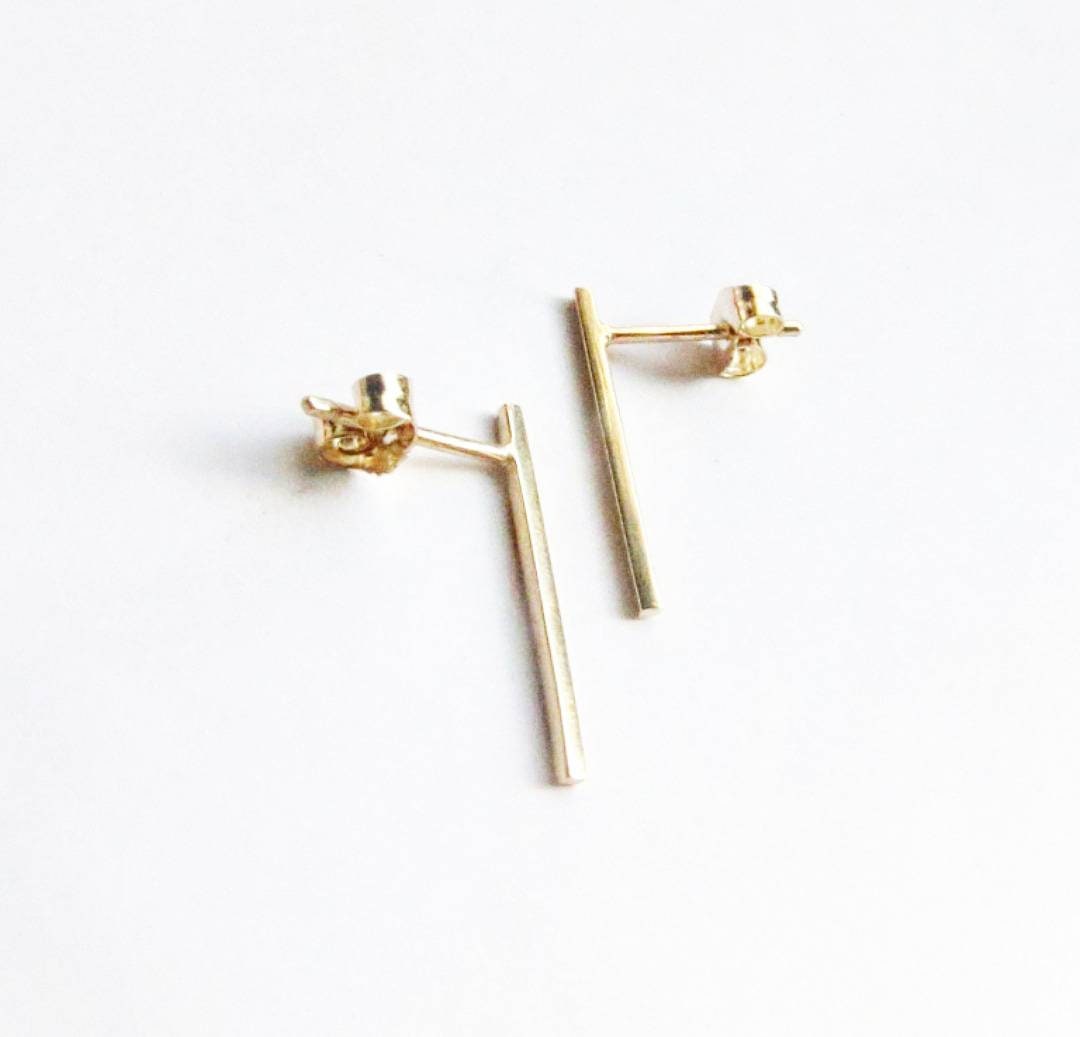 Minimalist 14K Solid Gold Bar Stud Earrings. Thin Gold Bar | Etsy