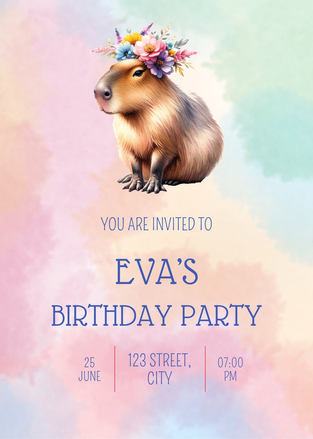 Capybara Invitation, Floral, Capybara Birthday Invitation, Capybara ...