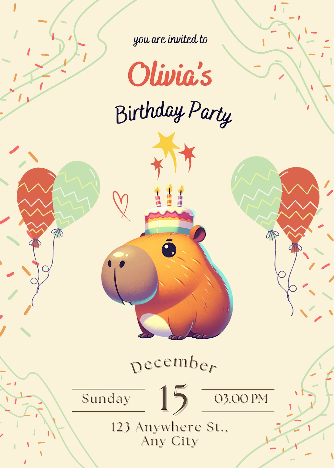 Capybara Invitation, Capybara Birthday Invitation, Capybara Girl Invite ...