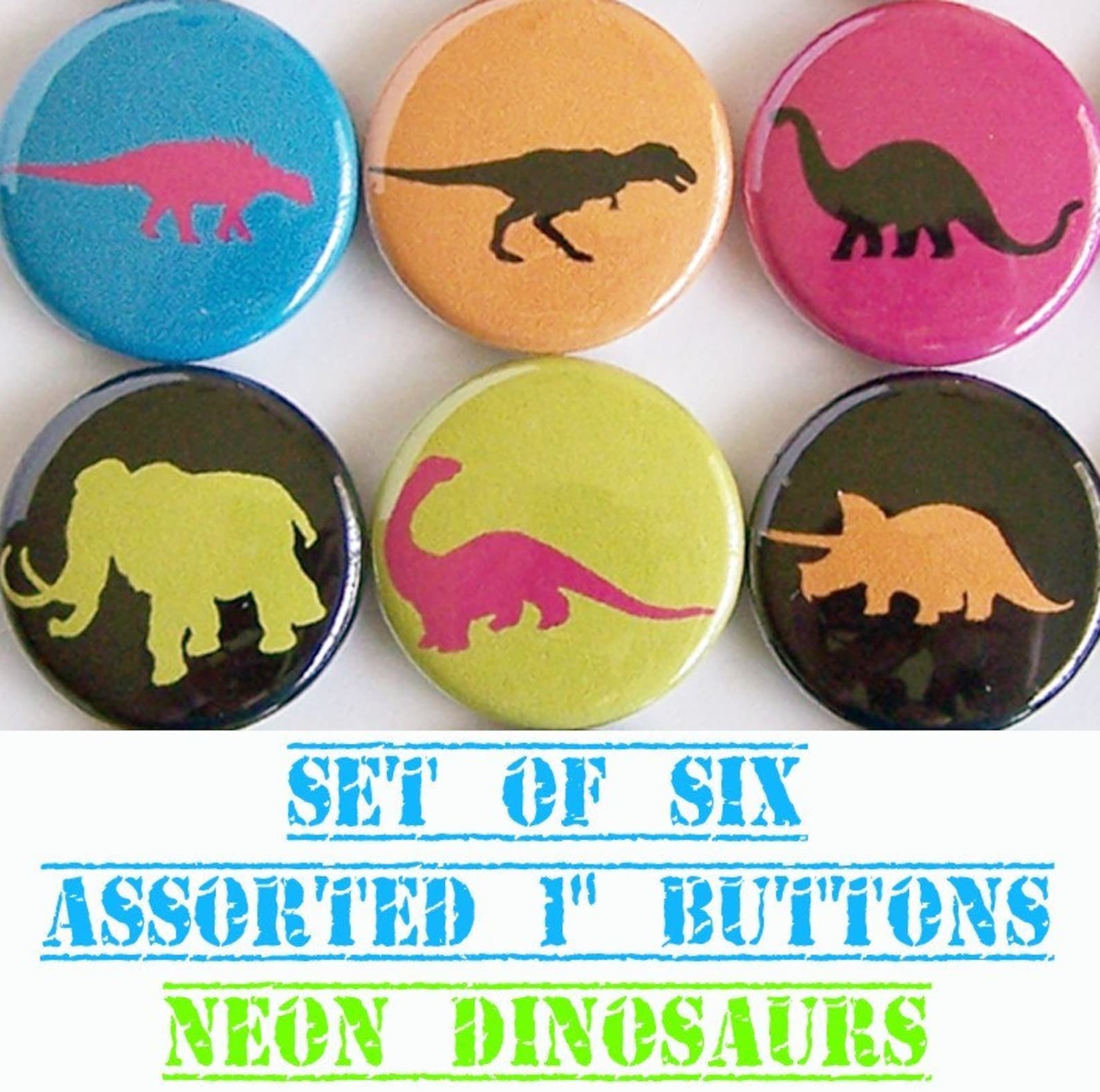 Neon Dinosaurs 1 Inch Pinback Buttons - Set of Six - Etsy