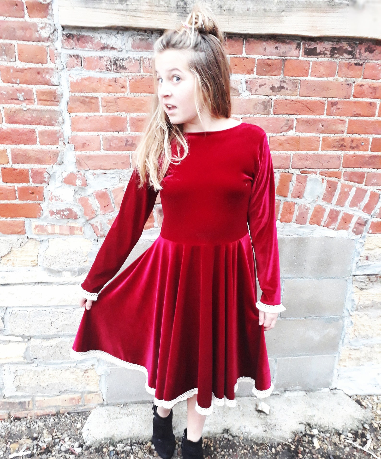 Girls Stretch Velvet Twirl Dress With Scoop Back and Crochet Trim, for ...