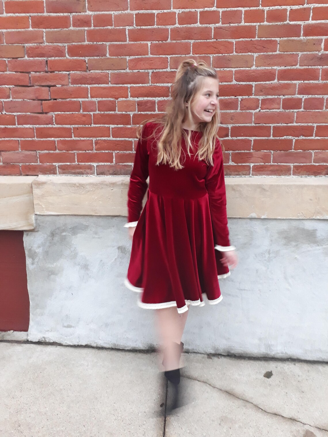 Girls Stretch Velvet Twirl Dress With Scoop Back and Crochet Trim, for ...