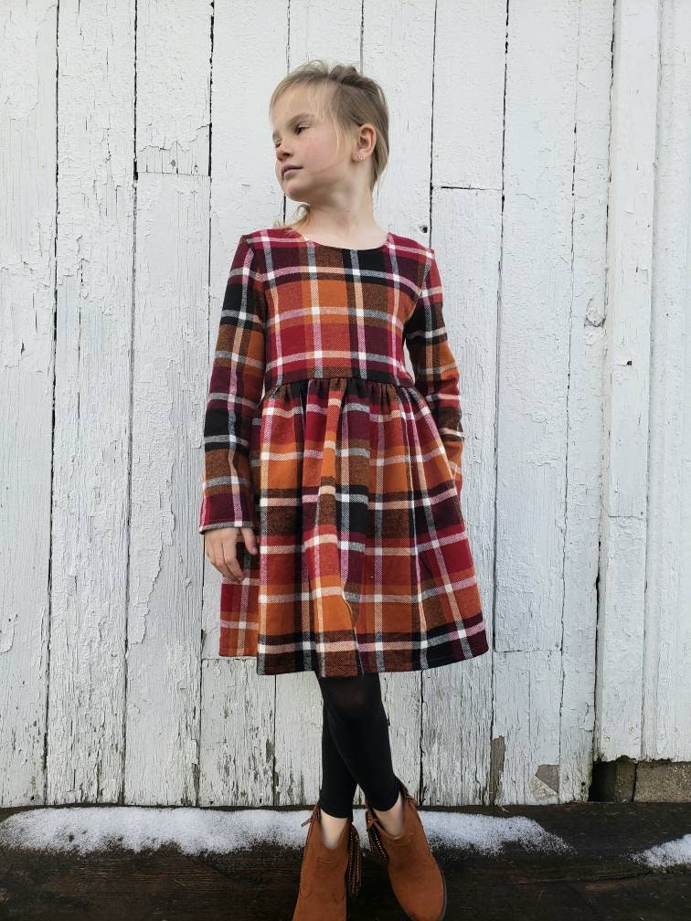 Fall Color Plaid Flannel Holiday Dress, Long Sleeve Flannel Dress for ...