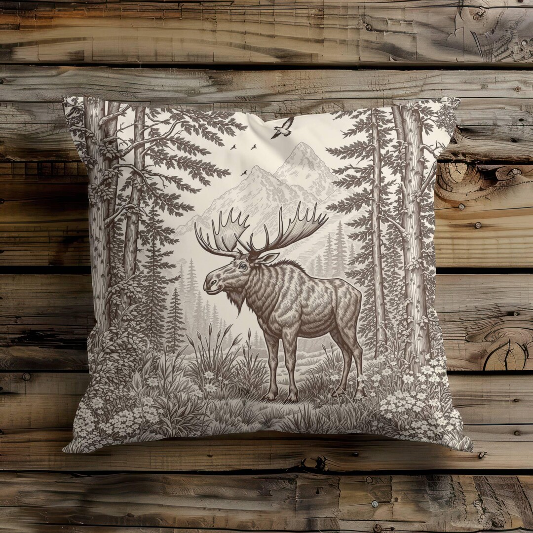 Moose Canadian Wilderness Toile Pillow Vintage French Country Cushion ...