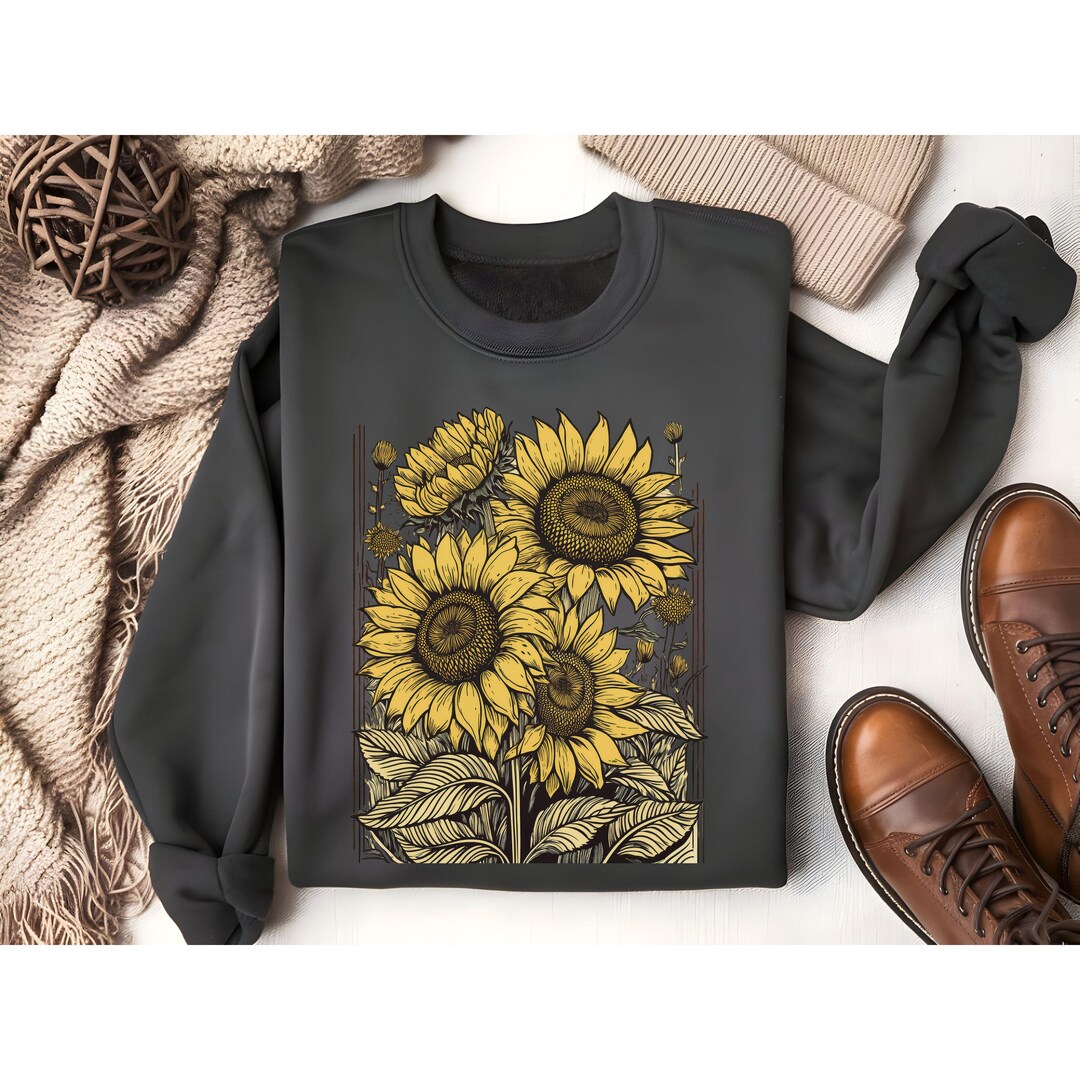 Sunflower Sweatshirt With Cottagecore Vibe Vintage-style Linocut Art ...