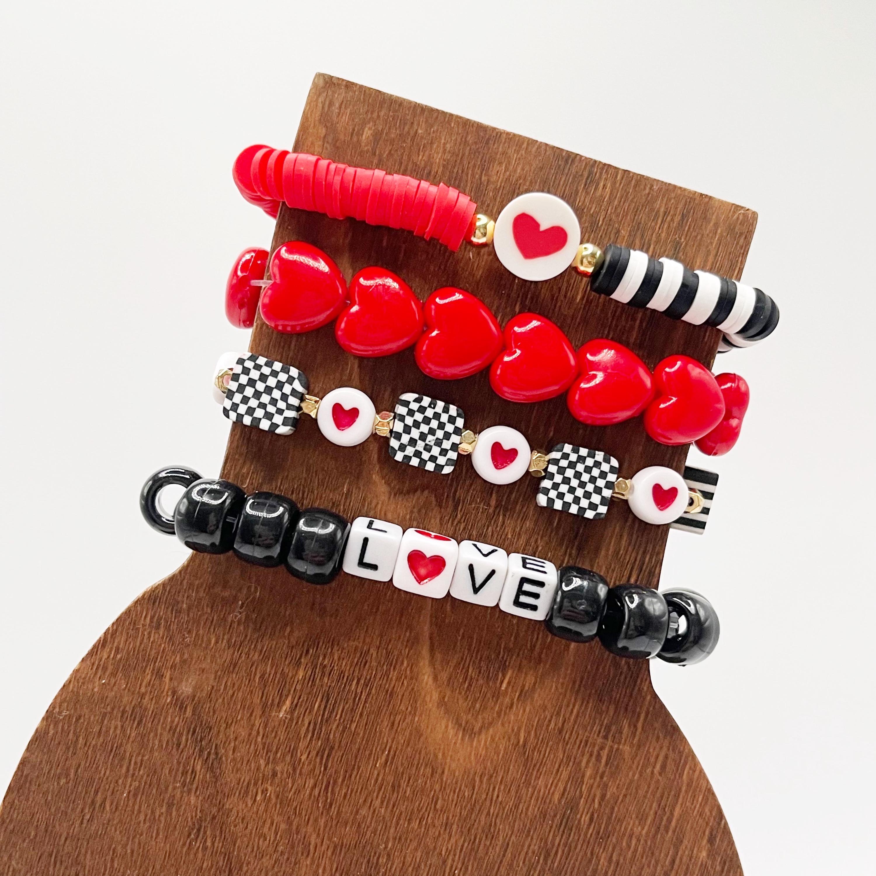 Valentine’s Bracelet Stack, Red and Black Heart Bracelets, Beaded Love ...