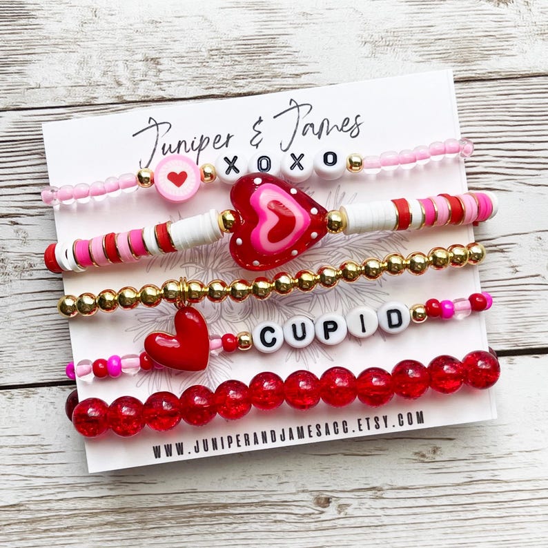 Valentine's Day Bracelet Stack: Pink & Red Heart Beaded Bracelets - Etsy