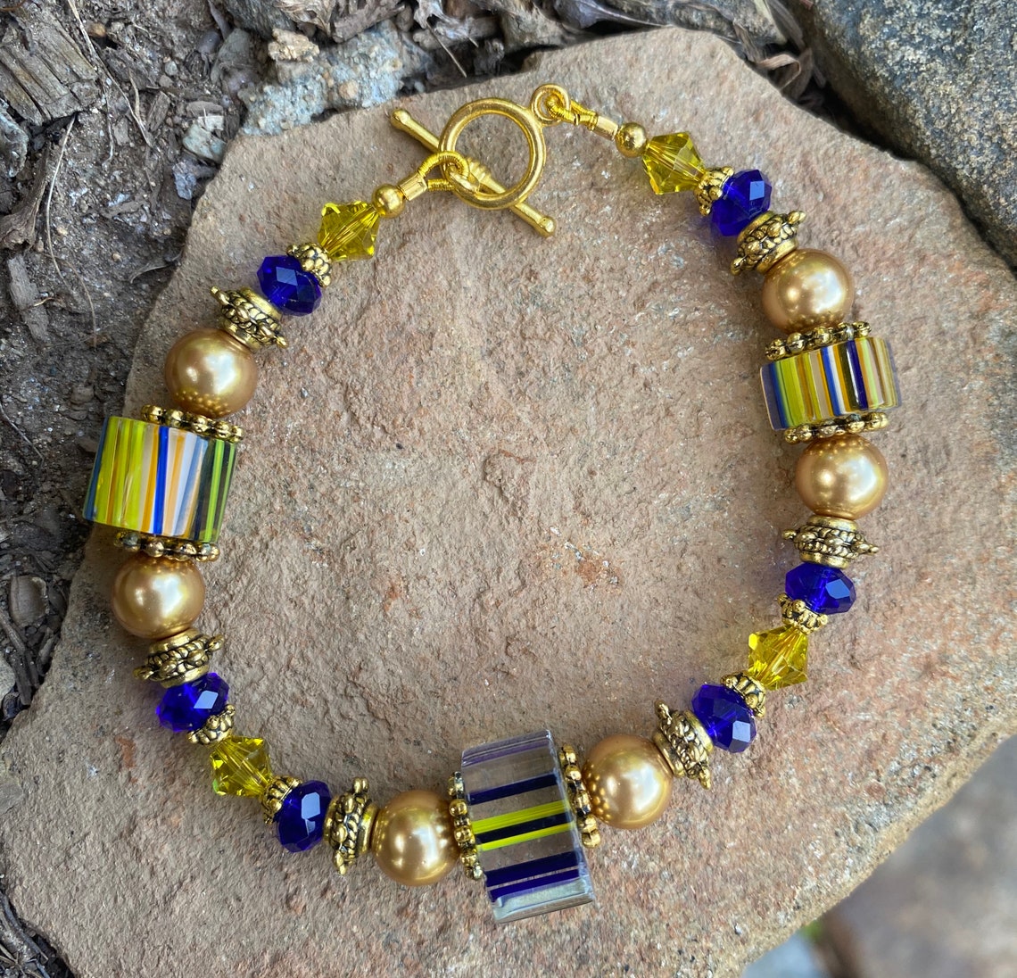 Lime and Cobalt Blue Striped Furnace Glass and Crystal on Gold | Etsy