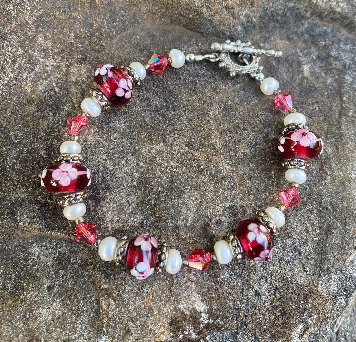 Cherry Red With White Bumpy Flowers Glass Beads and White - Etsy