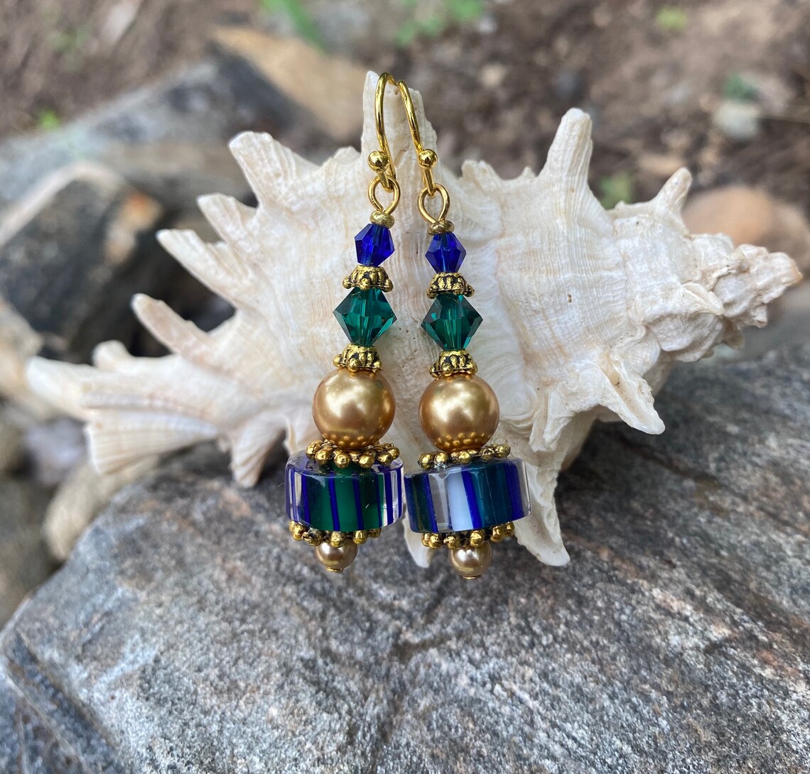 Dark Green and Cobalt Blue Furnace Glass Beads With Gold - Etsy