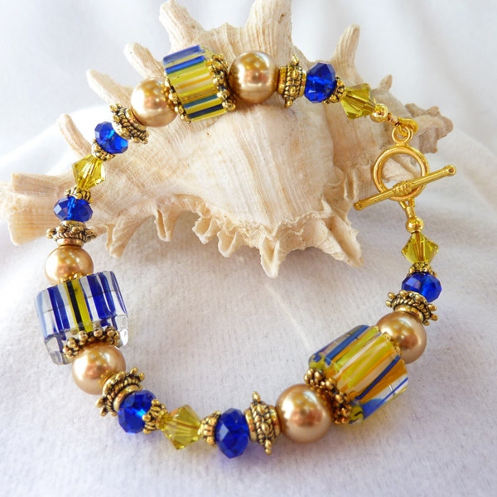 Lime and Cobalt Blue Striped Furnace Glass and Crystal on Gold | Etsy