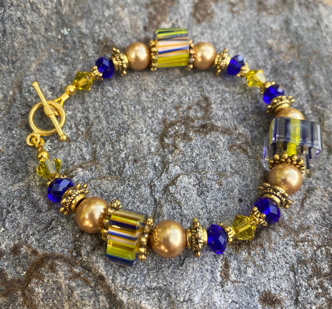 Lime and Cobalt Blue Striped Furnace Glass and Crystal on Gold | Etsy