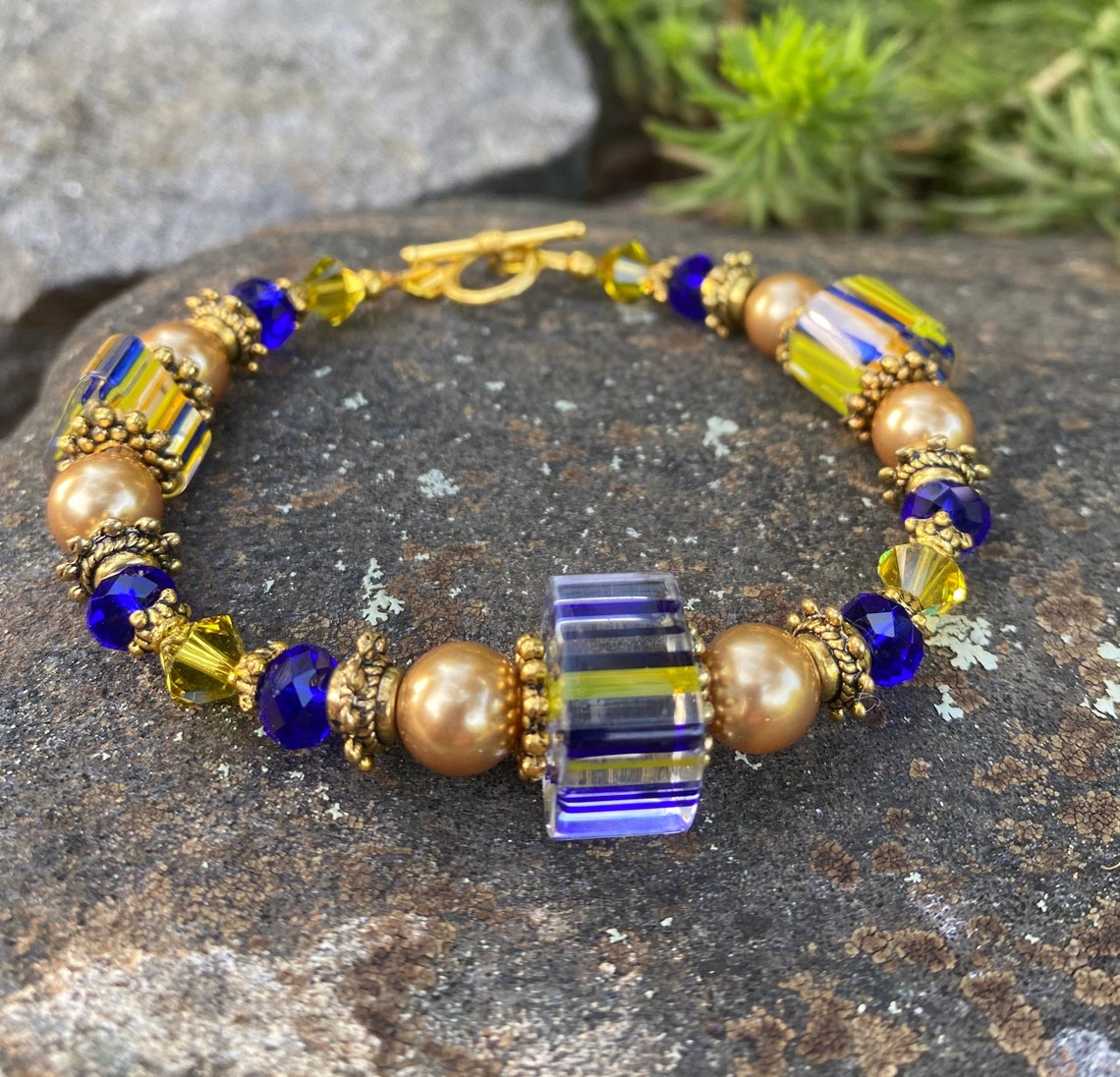 Lime and Cobalt Blue Striped Furnace Glass and Crystal on Gold | Etsy