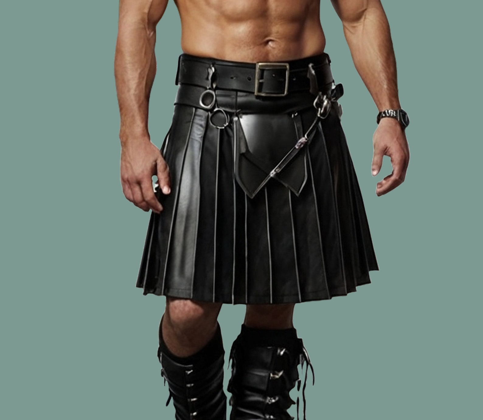 Genuine Leather Men Black Kilt Handmade Gladiator Kilt Black Leather ...