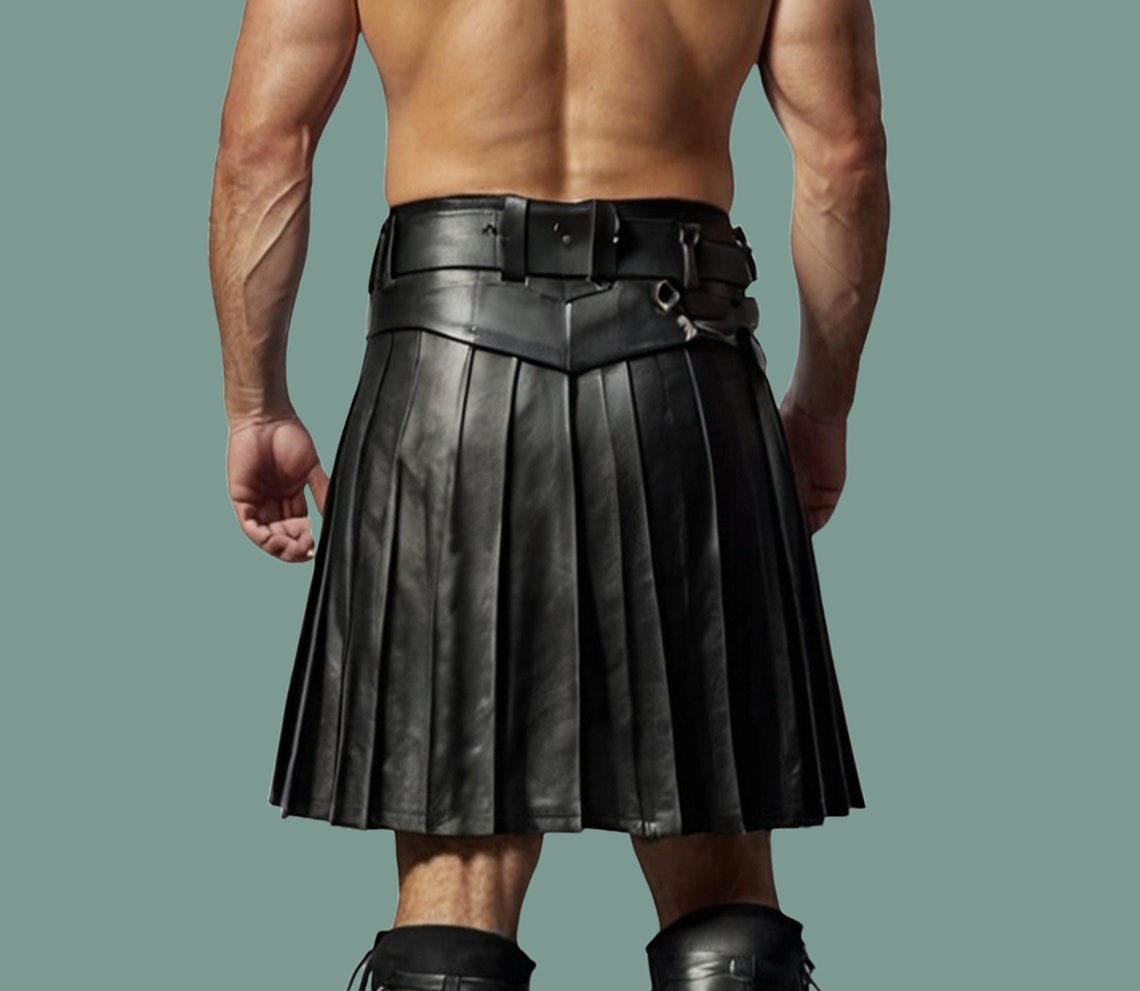 Genuine Leather Men Black Kilt Handmade Gladiator Kilt Black Leather ...