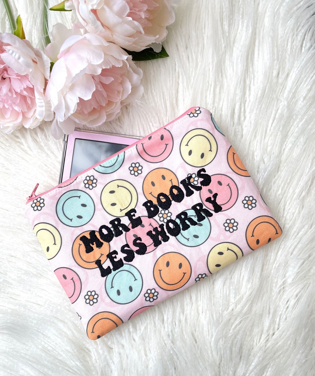 More Books Less Worry Happy Smiley Face Embroidered Kindle Padded E ...