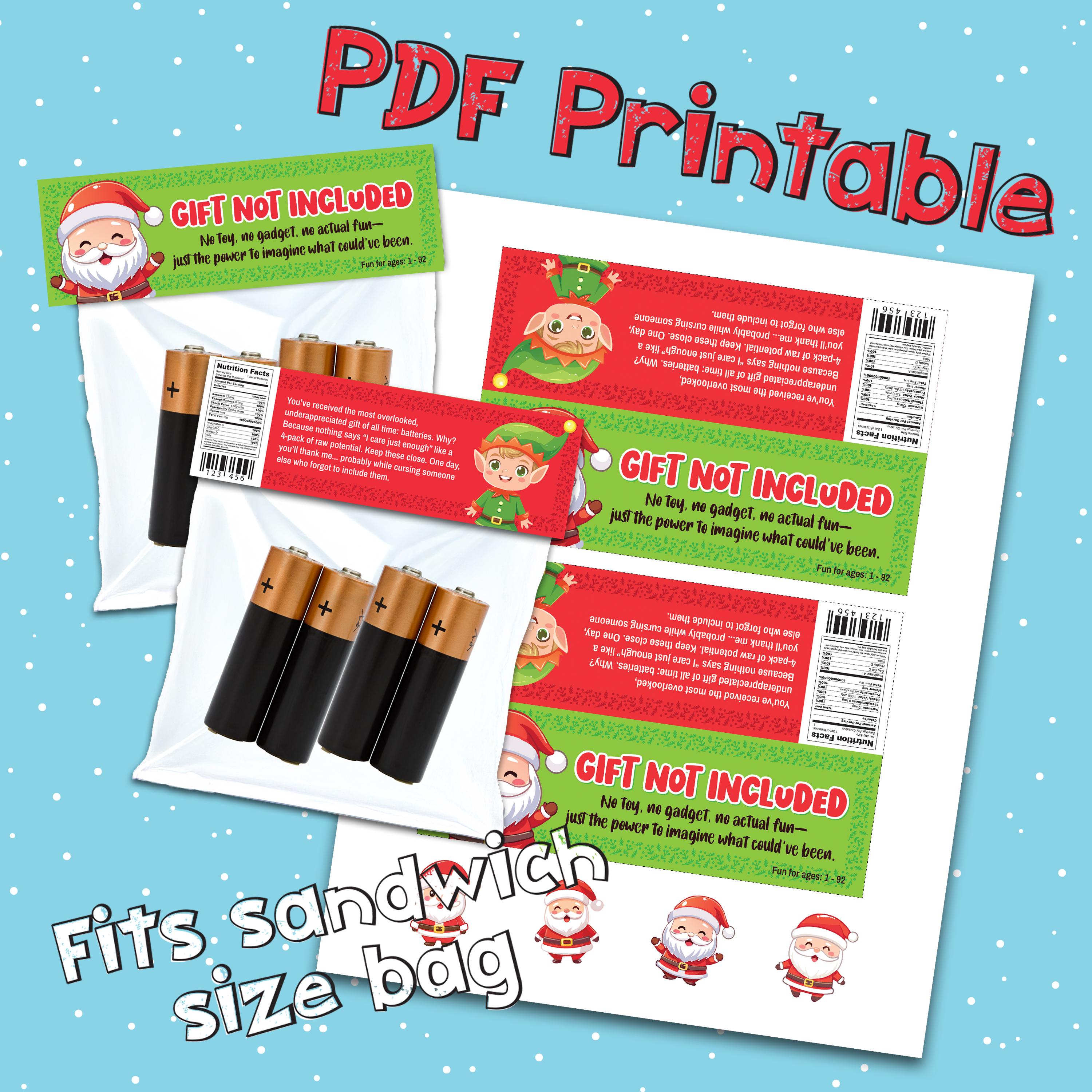 Gift Not Included, Batteries Battery ELF, Gag Gift, Christmas PRINTABLE ...