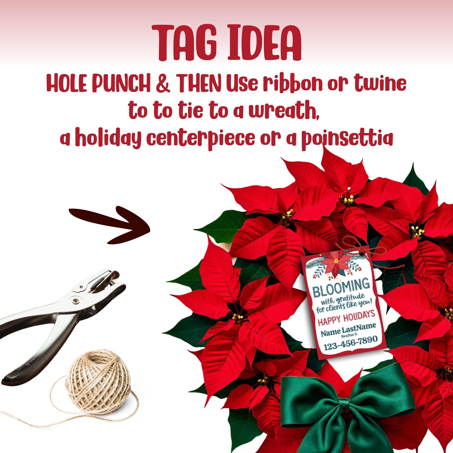 Holiday Tag, Poinsettia, Christmas, Wreath, Floral Editable Realtor Pop ...